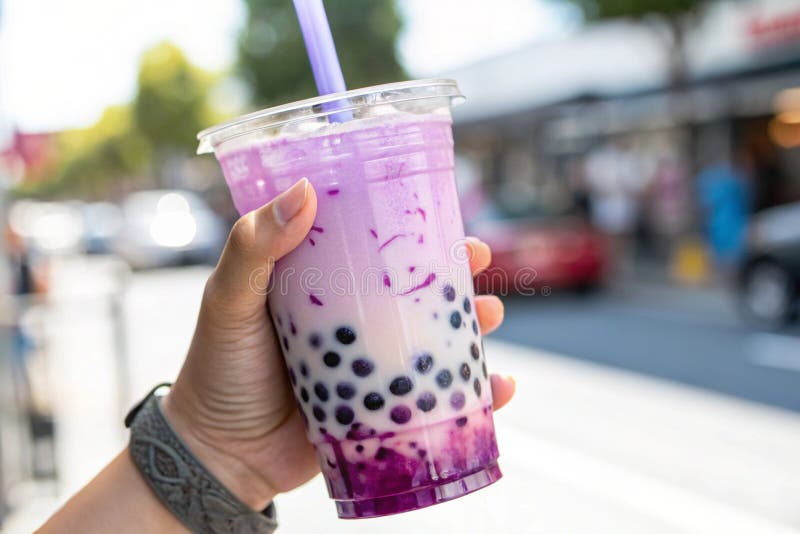Colorful Lavender Boba Drink in Plastic Glass Stock Illustration ...
