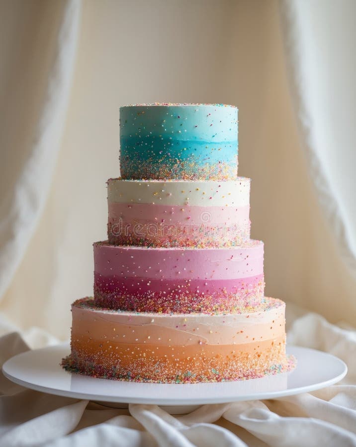 Colorful Layer Cake with Floral Sugar Decorations on Elegant Plate ...