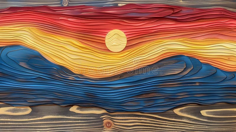 A Colorful Layered Artwork Depicting a Sunset Over Rolling Waves Stock ...