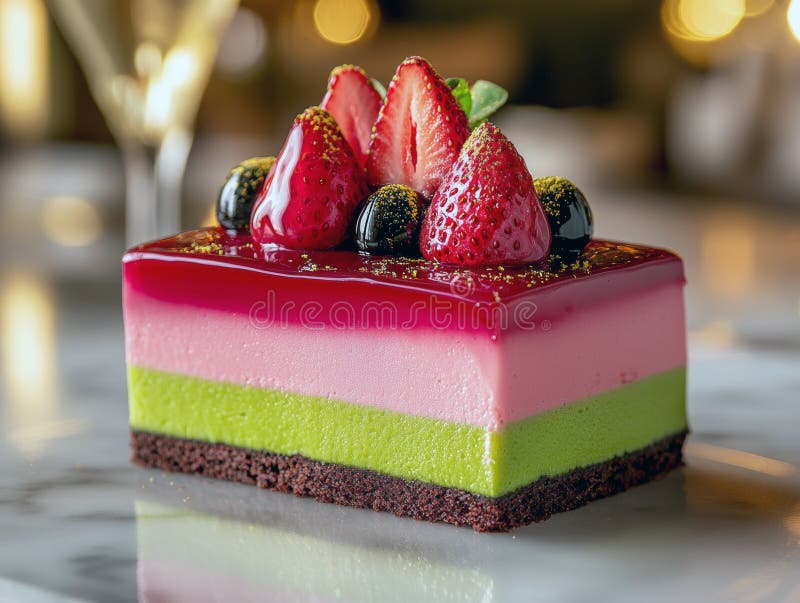 Colorful Layered Cake with Fresh Strawberries and Berries on Marble ...