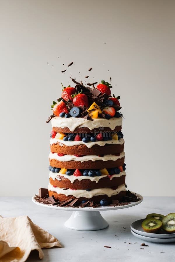 Colorful Layered Cake with Fruit and Chocolate Topping. Stock Image ...