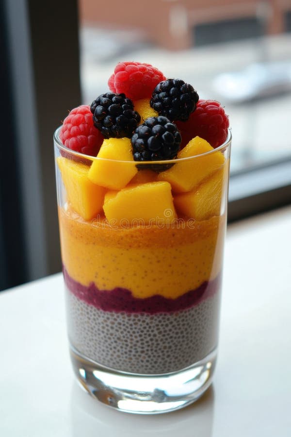 Colorful Layered Chia Pudding with Mixed Berries and Mango Stock ...