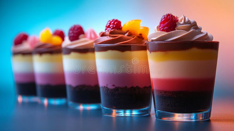 Colorful Layered Desserts with Fruit and Cream in Glasses. Stock Image ...
