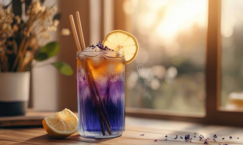 Colorful Layered Drink with Lemon Slices, Ice, and Lavender, Refreshing ...