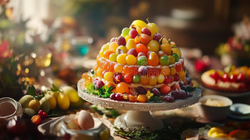 Colorful Layered Fruit Cake on Festive Table Setting Stock Illustration ...