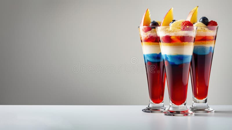 Colorful Layered Fruit Cocktails in Tall Glasses on Modern Backdrop ...