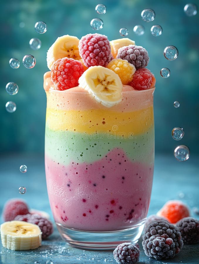 Colorful Layered Fruit Smoothie with Berries and Bananas. Stock Photo ...