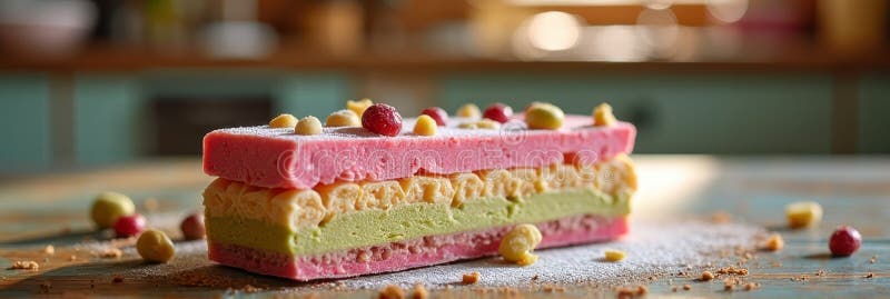 Colorful Layered Ice Cream Cake with Berries and Nuts on Rustic Table ...