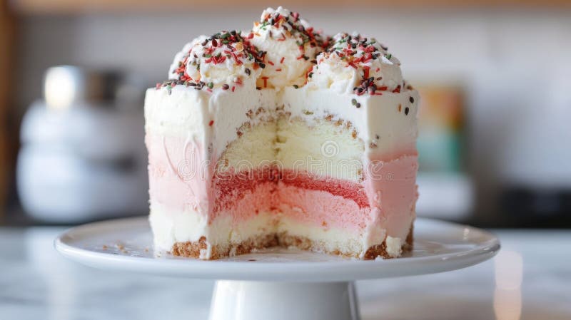 Colorful Layered Ice Cream Cake with Sprinkles on White Stand Stock ...