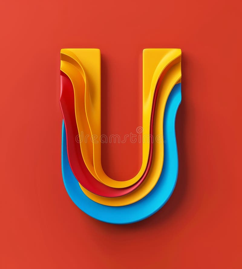 Colorful Layered Letter U Design on a Vibrant Red Background Stock ...