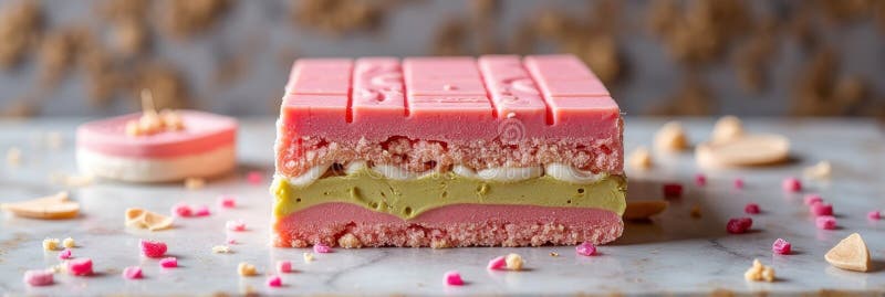 Colorful Layered Pastry with Pink and Green Icing on Marble Surface ...