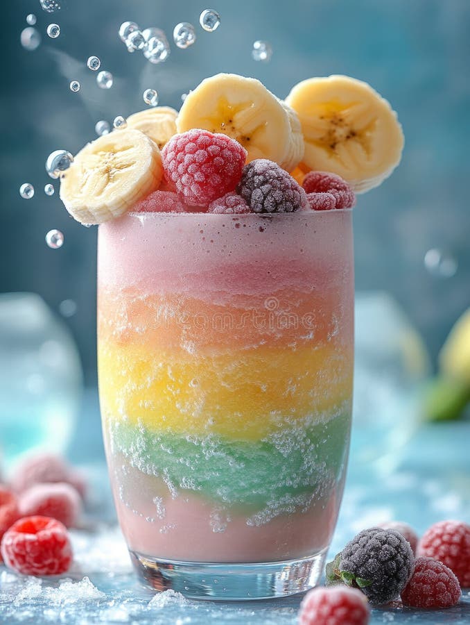 Colorful Layered Smoothie with Banana and Raspberry Garnish. Stock ...