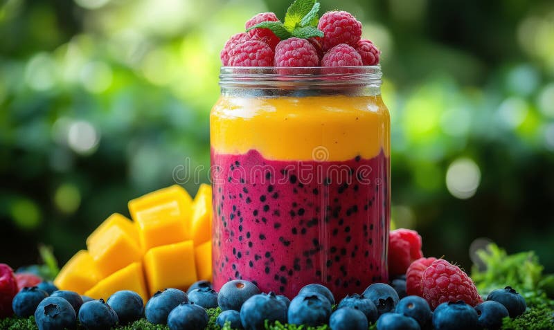 Colorful Layered Smoothie Jar with Mango, Raspberry, and Blueberry ...