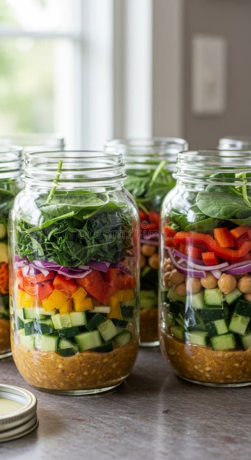 Colorful Layered Vegetable Salad in Mason Jars Stock Illustration ...