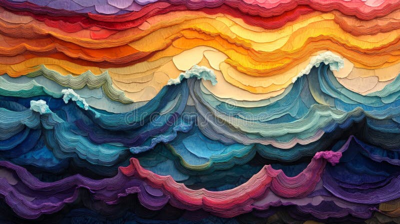 Colorful Layered Waves Ocean Sunrise Art Stock Illustration ...