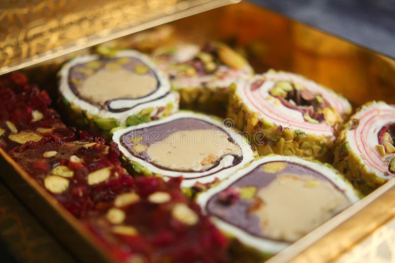 Colorful Layers of Traditional Turkish Sweets in an Ornate Box Stock ...