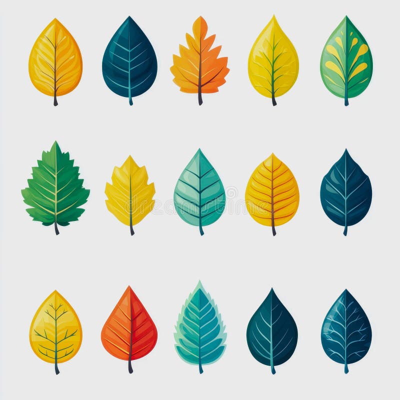 Colorful Leaf Grid Flat Icon Set Featuring Nature Elements and Vibrant ...