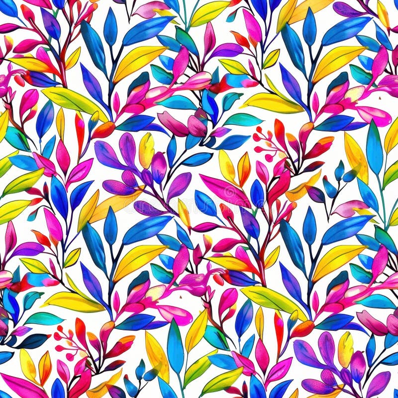 Colorful Leafy Botanical Leaves and Branches Pattern Design, Seamless ...