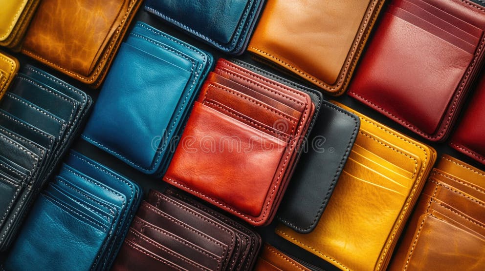 Colorful leather wallets stock photo. Image of designs - 373277252