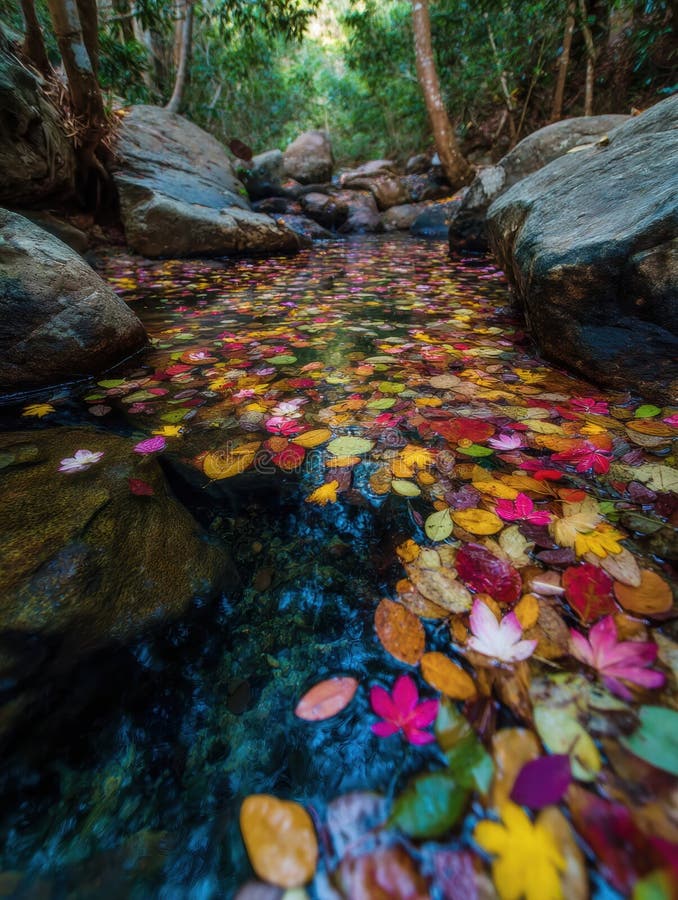 Colorful Leaves Float on a Serene Forest Stream Surrounded by Lush ...