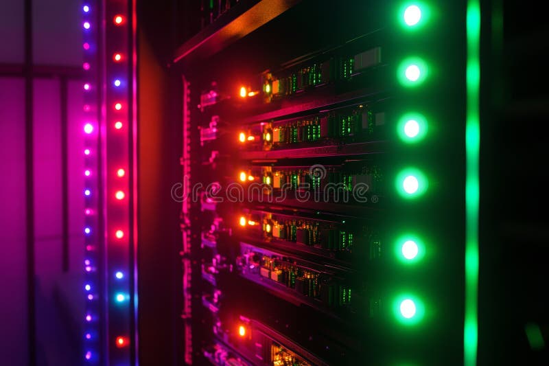 Colorful LED Lights on Network Server Rack with Modern Design Stock ...