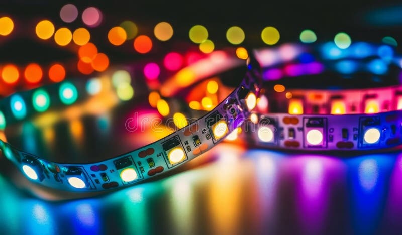 Colorful LED Strip Lights that are Coiled Rest on a Dark Background ...