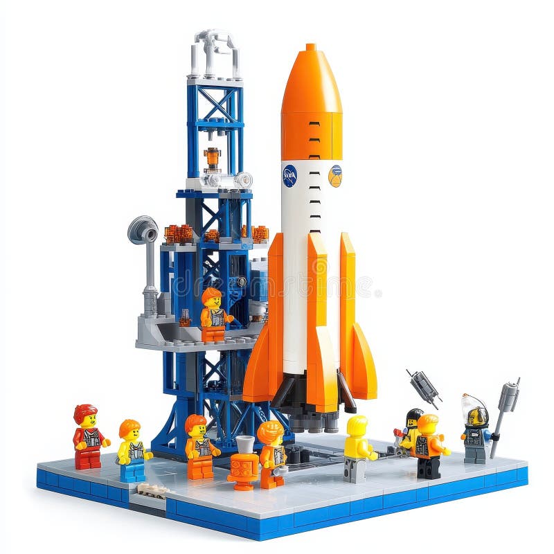 A Colorful LEGO Rocket Launch Scene with Mini-figures Preparing for ...