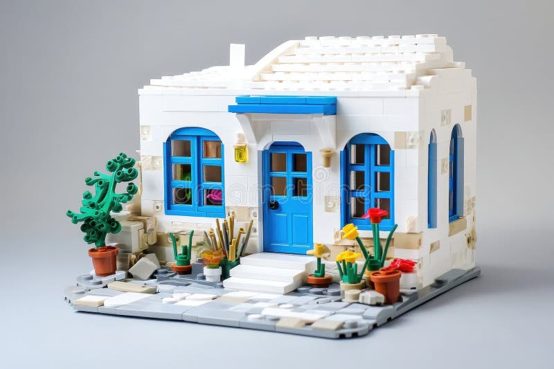 A Colorful LEGO-style House with Plants and a Stone Pathway Stock ...