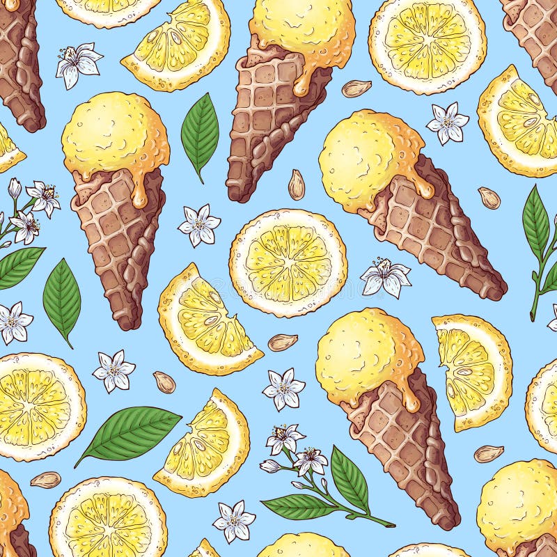 Colorful Lemon and Mandarin Fruit and Citrus Ice Cream Seamless Pattern ...