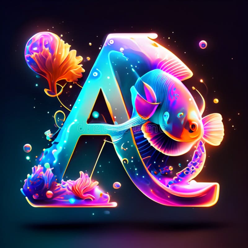 Colorful Letter a with Fish and Algae on Dark Background. Vector ...