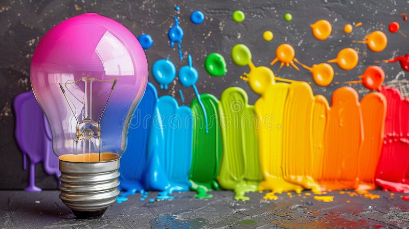 Colorful Light Bulb Against a Rainbow Paint Splatter Background Stock ...