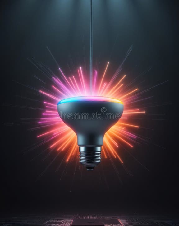 Colorful Light Bulb with Digital Elements in Dark Setting. Stock Image ...