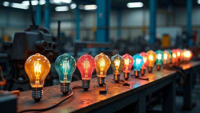 Colorful Light Bulbs Glowing on Industrial Workbench Under Harsh Lights ...