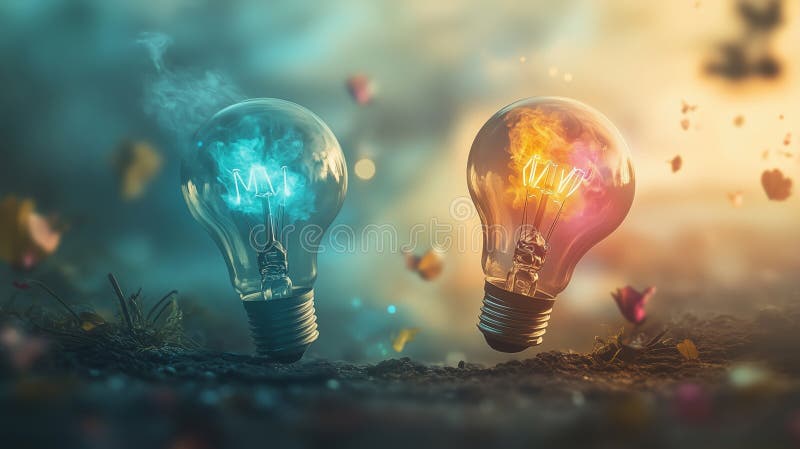 Colorful Light Bulbs Glowing in a Mystical Environment during Twilight ...