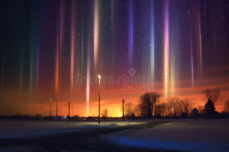 Colorful Light Pillars Piercing the Night Sky Stock Illustration ...