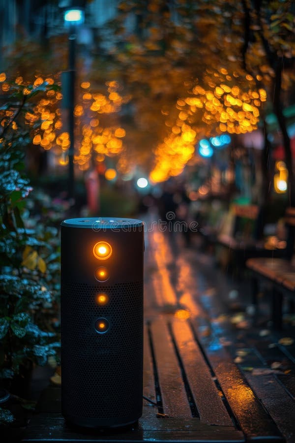 Colorful Light Rays Emanate from a Speaker on a Textured Surface in a ...