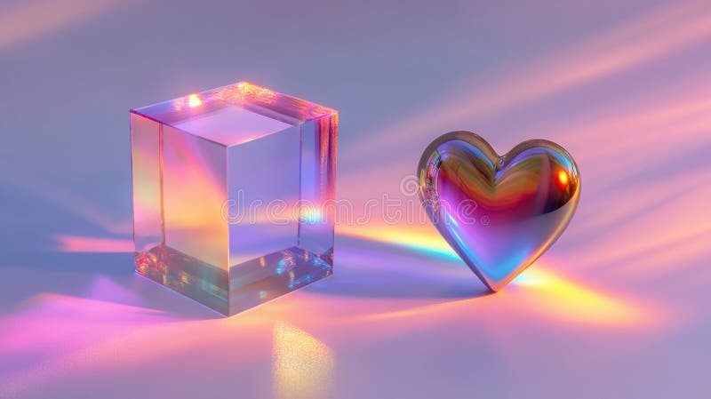 Colorful Light Reflections on Glass Cube and Metallic Heart Structure ...