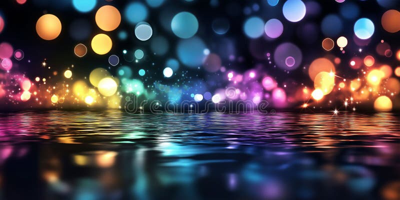 Colorful Light Reflections Shine on Calm Water Surface at Night in an ...
