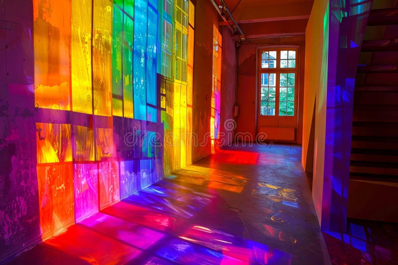 A Colorful Light Shines through the Windows of a Building Stock Image ...