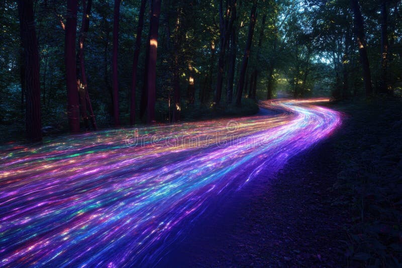 Colorful Light Trails Create a Vibrant Path through a Dark Forest at ...
