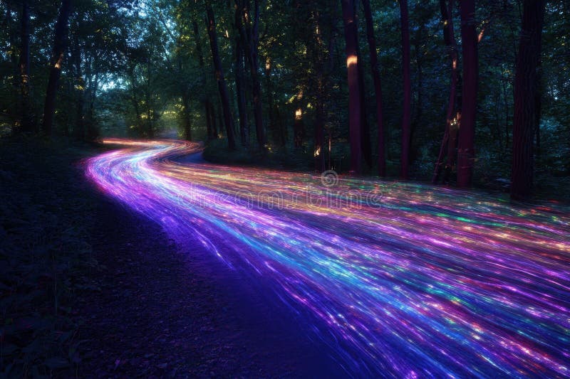 Colorful Light Trails Create a Vibrant Path through a Dark Forest at ...