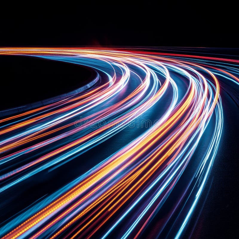 Colorful Light Trails on Dark Road Creating Dynamic Night Scene Stock ...