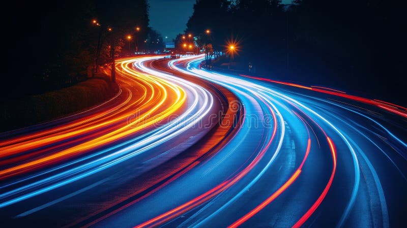 Colorful Light Trails on Highway at Night. Concept of Traffic, Speed ...
