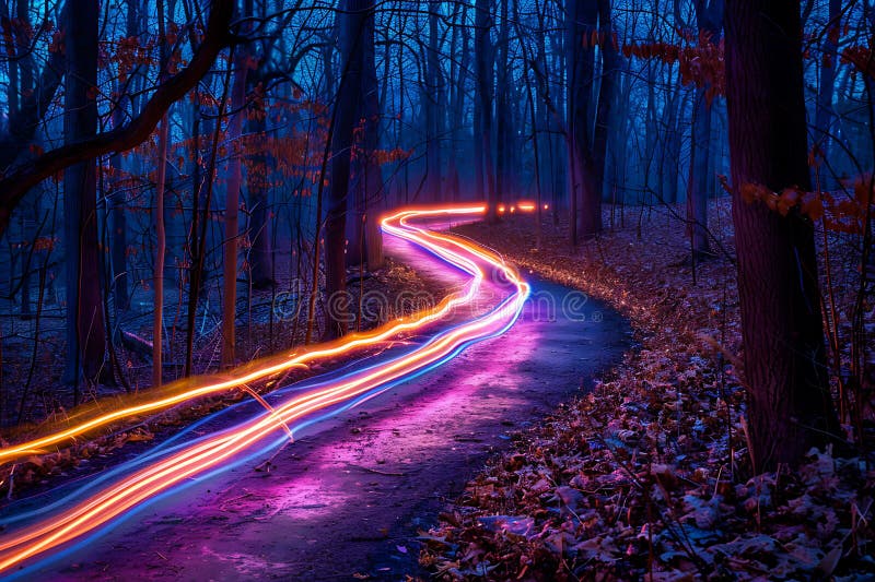 Colorful Light Trails Winding through a Dark Forest Path at Night ...