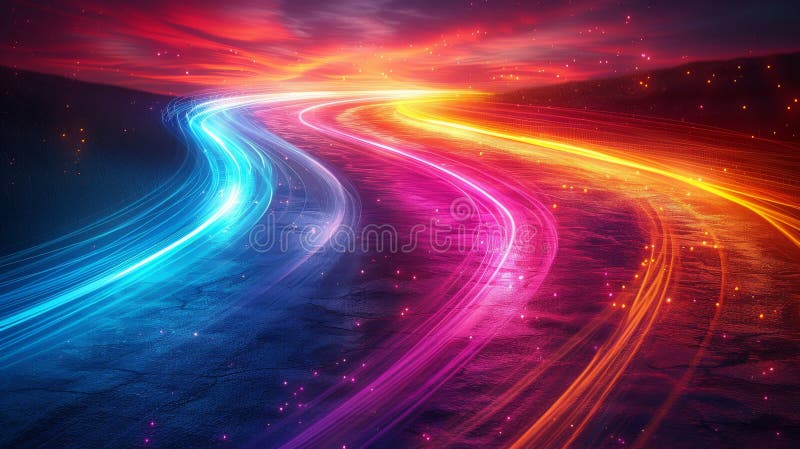 Colorful Light Trails on Winding Road at Sunset, Dynamic Motion Concept ...