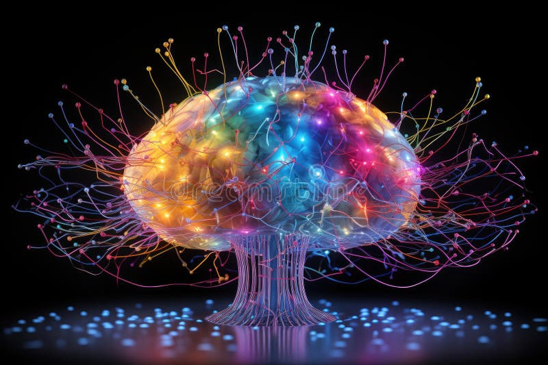 Colorful Light-Up Brain Model on Black Background, Holographic ...