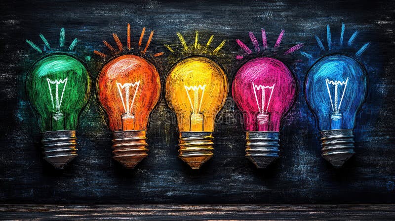 Colorful Lightbulb Ideas on Chalkboard Background Stock Illustration ...