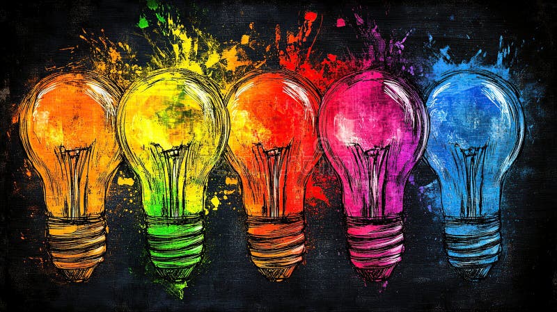 Colorful Lightbulb Ideas on Dark Background Stock Illustration ...