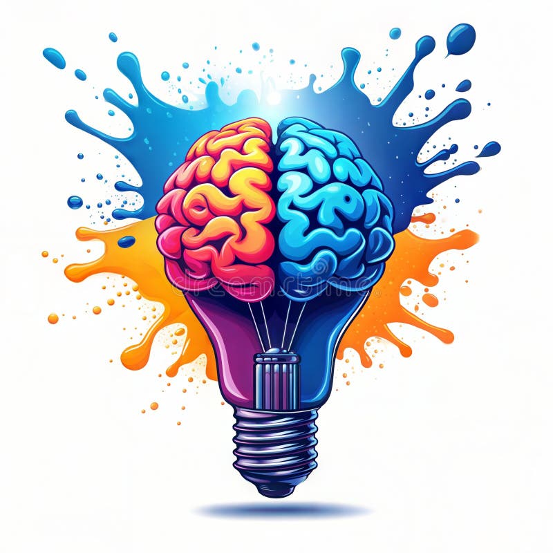Colorful Lightbulb with Split Brain and Paint Splashes Stock ...