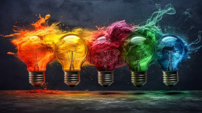 Colorful Lightbulbs Exploding with Paint Splatter on Dark Background ...